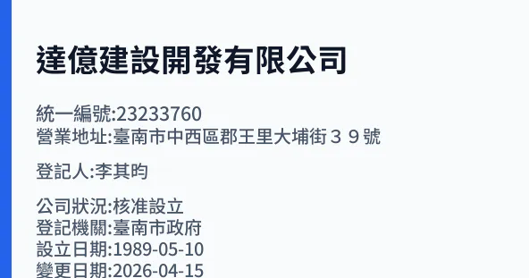 達億建設開發有限公司的照片-統編 23233760(臺南市) 公司登記資料與營業項目詳細圖表