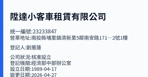 陞達小客車租賃有限公司的照片-統編 23233847(南投縣) 公司登記資料與營業項目詳細圖表