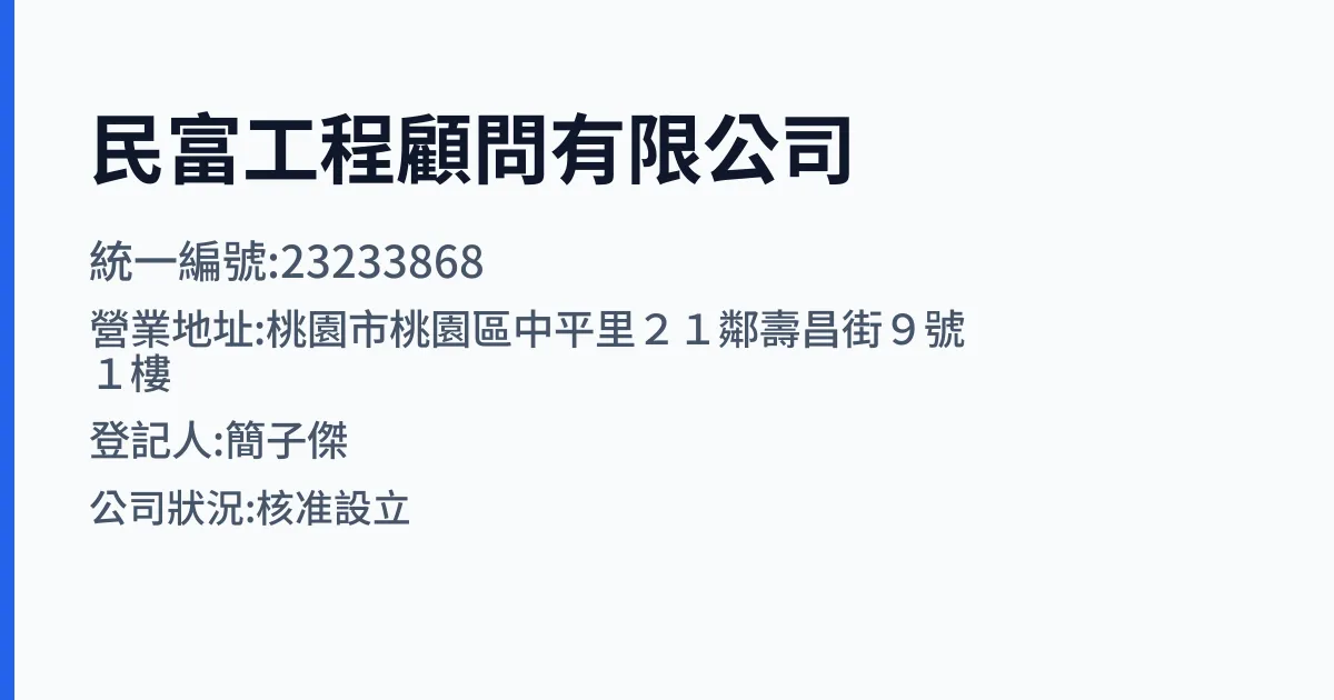 民富工程顧問有限公司 - 統編 23233868(桃園市) 公司登記資料與營業項目詳細圖表