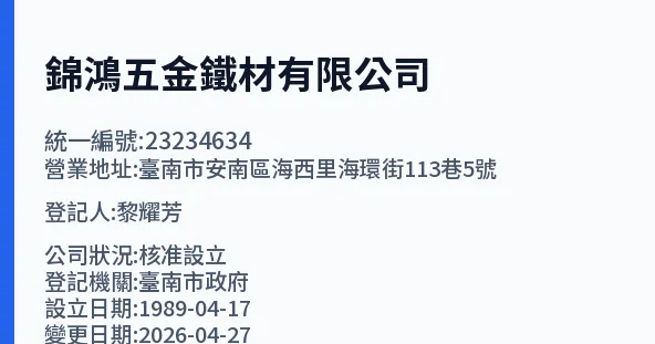 錦鴻五金鐵材有限公司的照片-統編 23234634(臺南市) 公司登記資料與營業項目詳細圖表