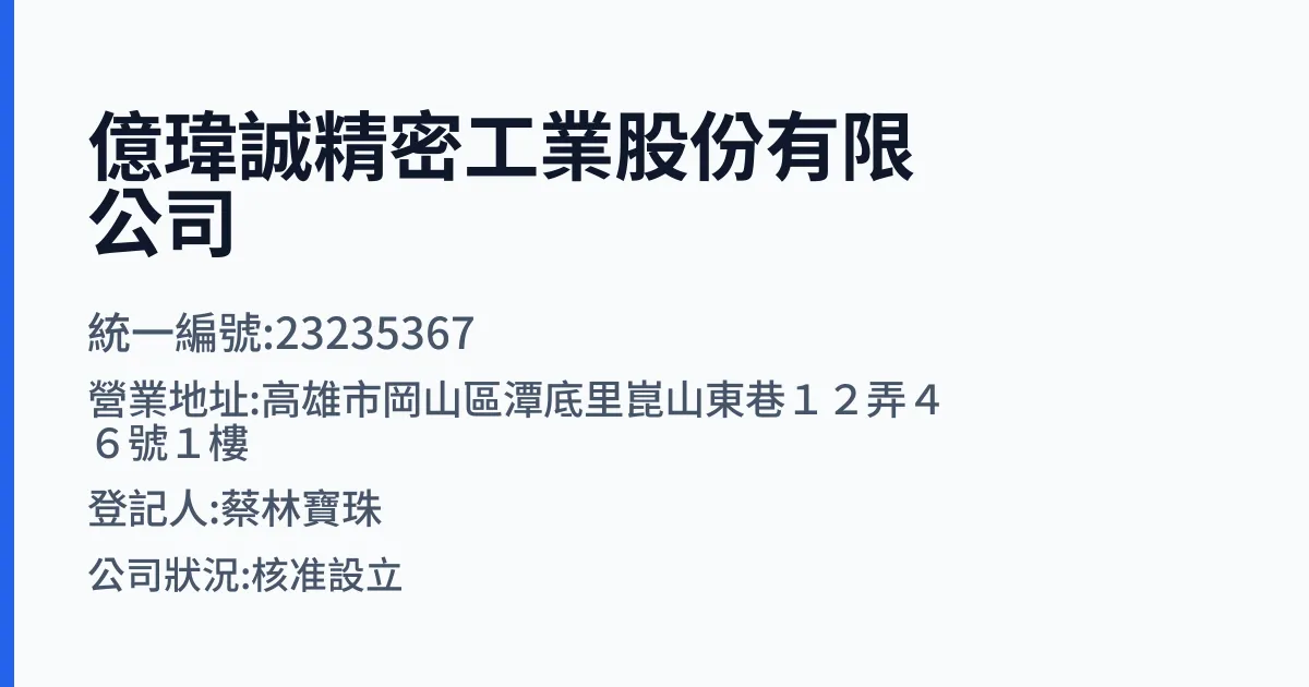 億瑋誠精密工業股份有限公司 - 統編 23235367(高雄市) 公司登記資料與營業項目詳細圖表