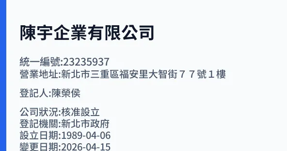 陳宇企業有限公司的照片-統編 23235937(新北市) 公司登記資料與營業項目詳細圖表