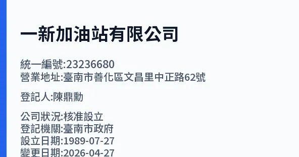 一新加油站有限公司的照片-統編 23236680(臺南市) 公司登記資料與營業項目詳細圖表