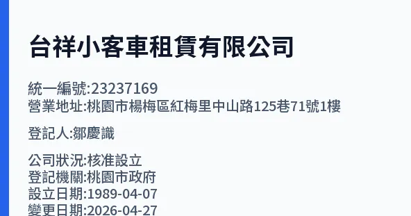 台祥小客車租賃有限公司的照片-統編 23237169(桃園市) 公司登記資料與營業項目詳細圖表