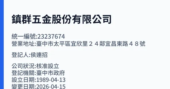 鎮群五金股份有限公司的照片-統編 23237674(臺中市) 公司登記資料與營業項目詳細圖表