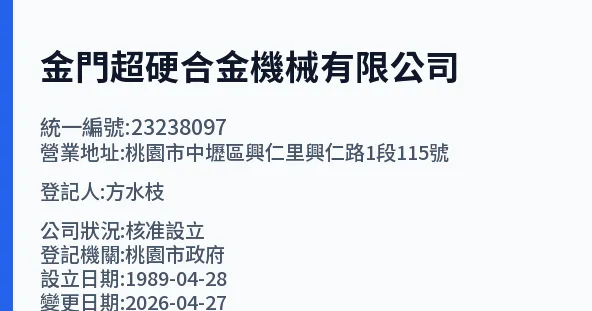 金門超硬合金機械有限公司的照片-統編 23238097(桃園市) 公司登記資料與營業項目詳細圖表
