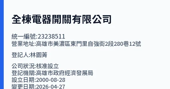 全棟電器開關有限公司的照片-統編 23238511(高雄市) 公司登記資料與營業項目詳細圖表