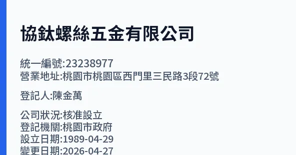 協鈦螺絲五金有限公司的照片-統編 23238977(桃園市) 公司登記資料與營業項目詳細圖表
