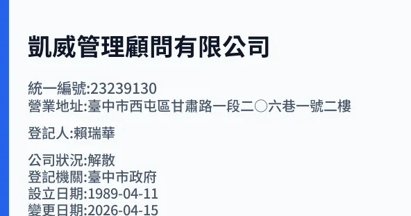 凱威管理顧問有限公司的照片-統編 23239130(臺中市) 公司登記資料與營業項目詳細圖表