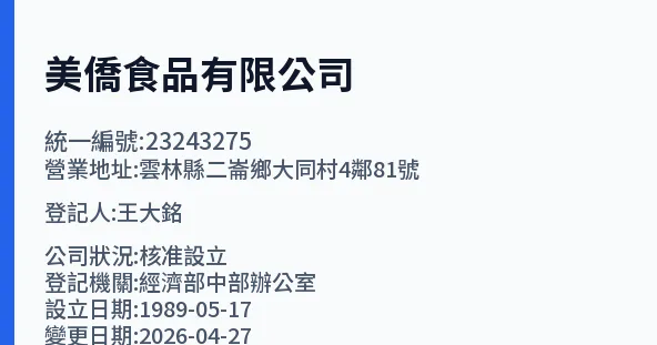 美僑食品有限公司的照片-統編 23243275(雲林縣) 公司登記資料與營業項目詳細圖表