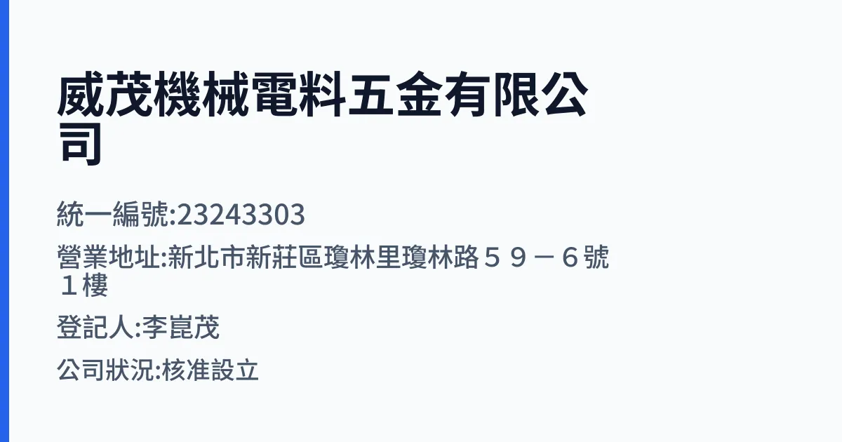 威茂機械電料五金有限公司 - 統編 23243303(新北市) 公司登記資料與營業項目詳細圖表
