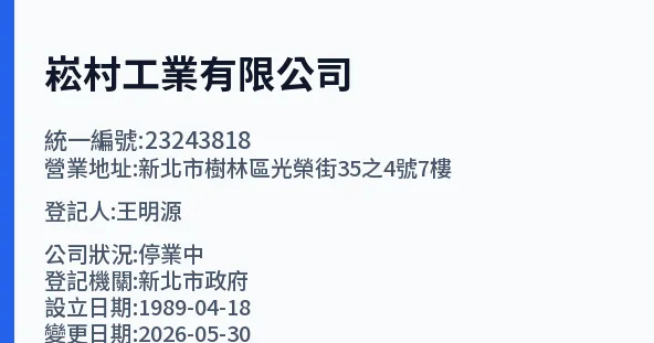 崧村工業有限公司的照片-統編 23243818(新北市) 公司登記資料與營業項目詳細圖表