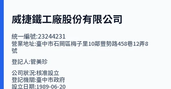 威捷鐵工廠股份有限公司的照片-統編 23244231(臺中市) 公司登記資料與營業項目詳細圖表