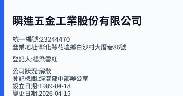 瞬進五金工業股份有限公司的照片-統編 23244470(彰化縣) 公司登記資料與營業項目詳細圖表