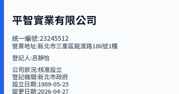 平智實業有限公司的照片-統編 23245512(新北市) 公司登記資料與營業項目詳細圖表