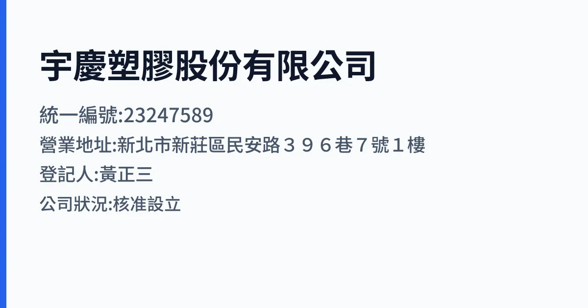 宇慶塑膠股份有限公司 - 統編 23247589(新北市) 公司登記資料與營業項目詳細圖表
