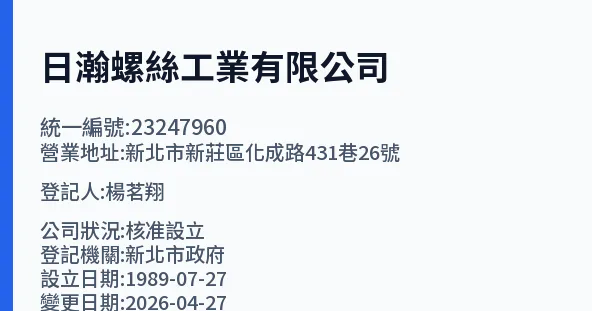 日瀚螺絲工業有限公司的照片-統編 23247960(新北市) 公司登記資料與營業項目詳細圖表