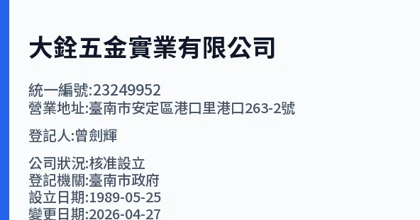 大銓五金實業有限公司的照片-統編 23249952(臺南市) 公司登記資料與營業項目詳細圖表