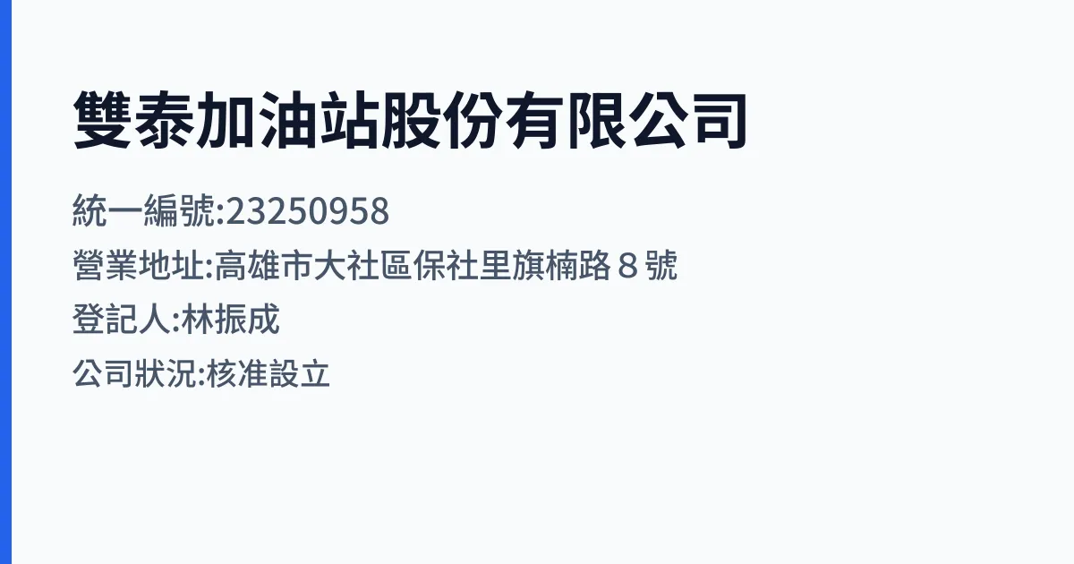 雙泰加油站股份有限公司 - 統編 23250958(高雄市) 公司登記資料與營業項目詳細圖表