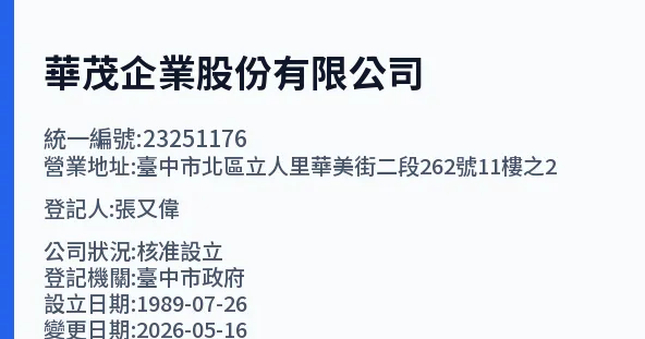 華茂企業股份有限公司的照片-統編 23251176(臺中市) 公司登記資料與營業項目詳細圖表