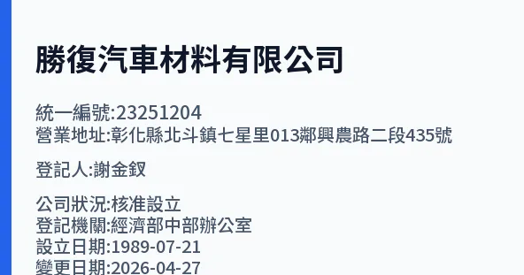 勝復汽車材料有限公司的照片-統編 23251204(彰化縣) 公司登記資料與營業項目詳細圖表