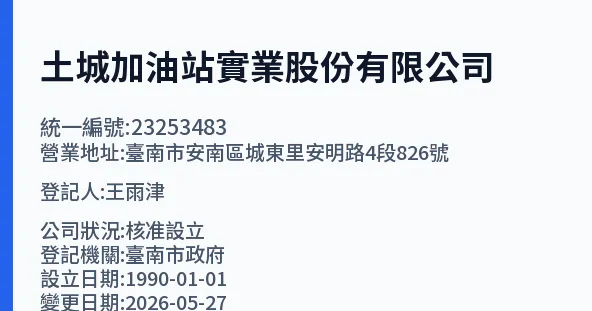 土城加油站實業股份有限公司的照片-統編 23253483(臺南市) 公司登記資料與營業項目詳細圖表