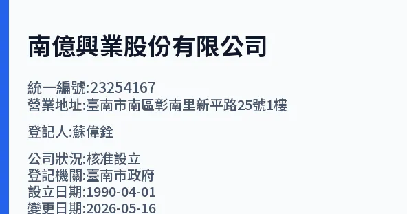 南億興業股份有限公司的照片-統編 23254167(臺南市) 公司登記資料與營業項目詳細圖表