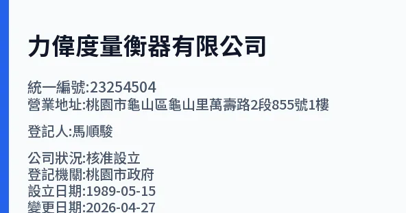 力偉度量衡器有限公司的照片-統編 23254504(桃園市) 公司登記資料與營業項目詳細圖表