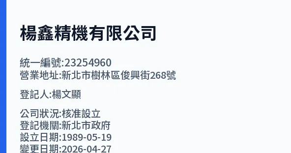 楊鑫精機有限公司的照片-統編 23254960(新北市) 公司登記資料與營業項目詳細圖表