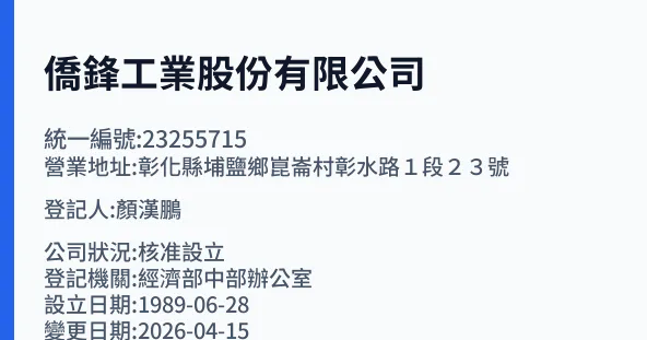 僑鋒工業股份有限公司的照片-統編 23255715(彰化縣) 公司登記資料與營業項目詳細圖表