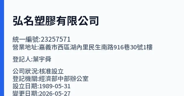 弘名塑膠有限公司的照片-統編 23257571(嘉義市) 公司登記資料與營業項目詳細圖表