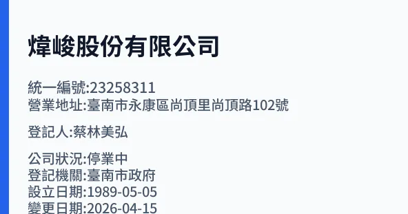 煒峻股份有限公司的照片-統編 23258311(臺南市) 公司登記資料與營業項目詳細圖表