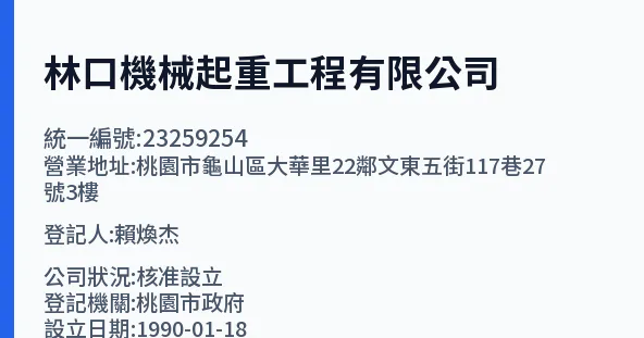 林口機械起重工程有限公司的照片-統編 23259254(桃園市) 公司登記資料與營業項目詳細圖表