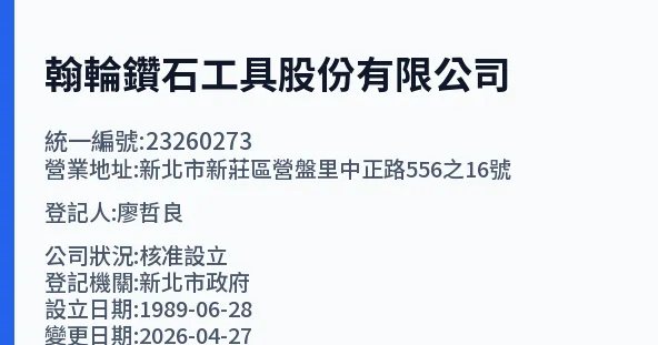 翰輪鑽石工具股份有限公司的照片-統編 23260273(新北市) 公司登記資料與營業項目詳細圖表