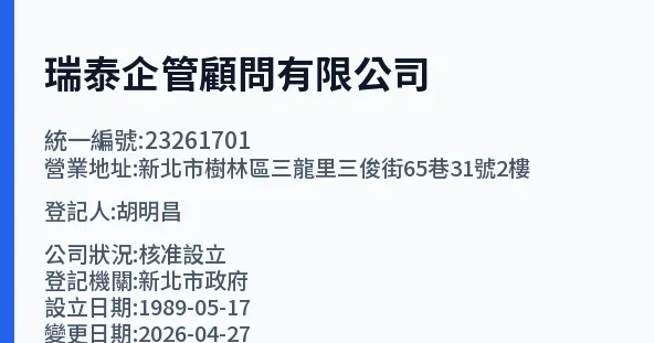 瑞泰企管顧問有限公司的照片-統編 23261701(新北市) 公司登記資料與營業項目詳細圖表