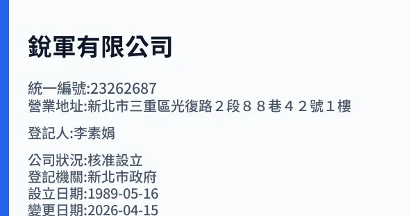 銳軍有限公司的照片-統編 23262687(新北市) 公司登記資料與營業項目詳細圖表