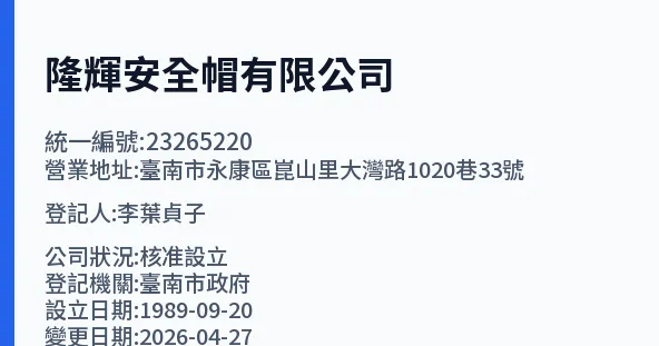 隆輝安全帽有限公司的照片-統編 23265220(臺南市) 公司登記資料與營業項目詳細圖表