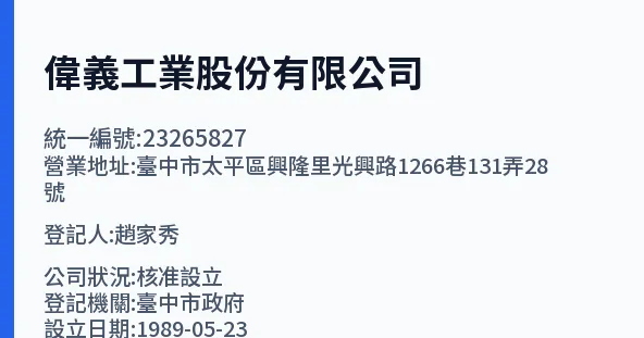 偉義工業股份有限公司的照片-統編 23265827(臺中市) 公司登記資料與營業項目詳細圖表