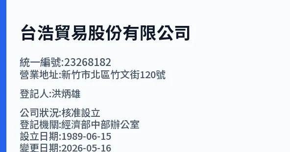 台浩貿易股份有限公司的照片-統編 23268182(新竹市) 公司登記資料與營業項目詳細圖表
