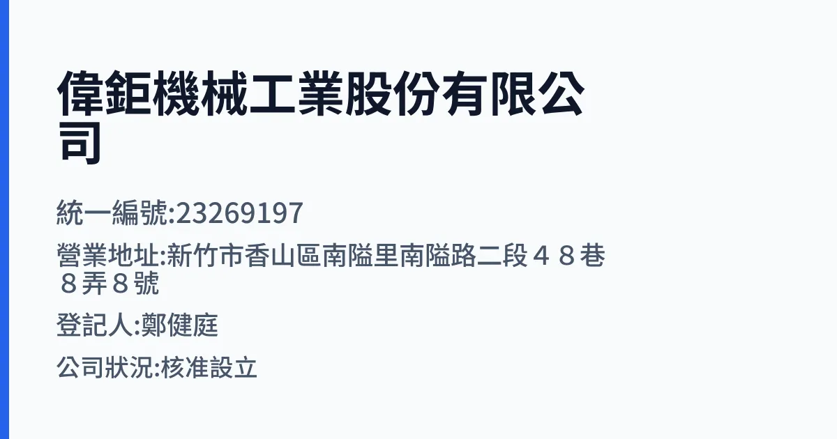 偉鉅機械工業股份有限公司 - 統編 23269197（新竹市） 公司登記資料與營業項目詳細圖表