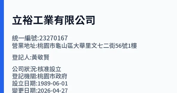 立裕工業有限公司的照片-統編 23270167(桃園市) 公司登記資料與營業項目詳細圖表