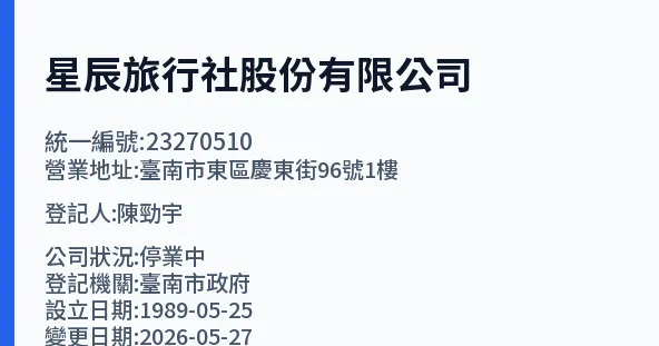 星辰旅行社股份有限公司的照片-統編 23270510(臺南市) 公司登記資料與營業項目詳細圖表