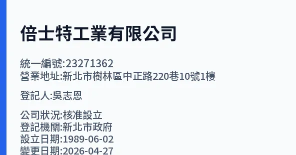 倍士特工業有限公司的照片-統編 23271362(新北市) 公司登記資料與營業項目詳細圖表