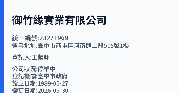 御竹緣實業有限公司的照片-統編 23271969(臺中市) 公司登記資料與營業項目詳細圖表