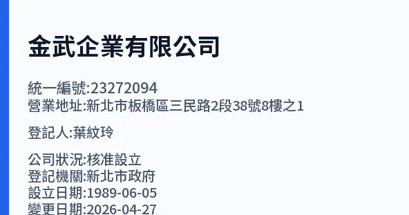 金武企業有限公司的照片-統編 23272094(新北市) 公司登記資料與營業項目詳細圖表
