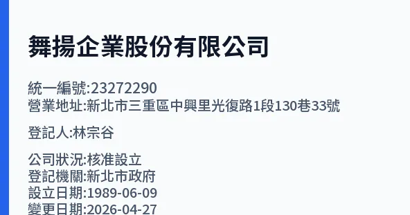 舞揚企業股份有限公司的照片-統編 23272290(新北市) 公司登記資料與營業項目詳細圖表