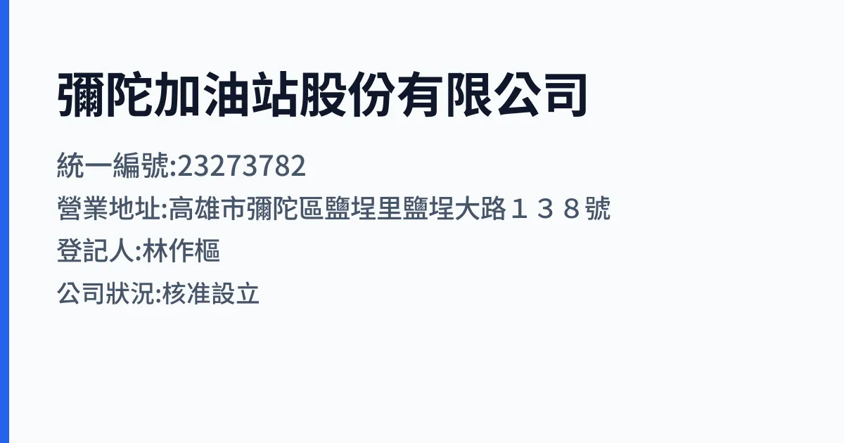 彌陀加油站股份有限公司 - 統編 23273782(高雄市) 公司登記資料與營業項目詳細圖表
