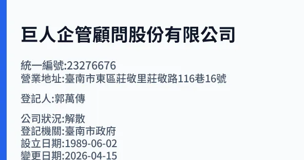 巨人企管顧問股份有限公司的照片-統編 23276676(臺南市) 公司登記資料與營業項目詳細圖表