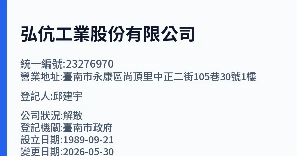弘伉工業股份有限公司的照片-統編 23276970(臺南市) 公司登記資料與營業項目詳細圖表
