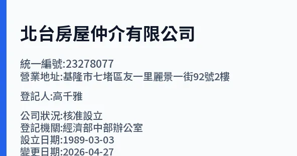 北台房屋仲介有限公司的照片-統編 23278077(基隆市) 公司登記資料與營業項目詳細圖表